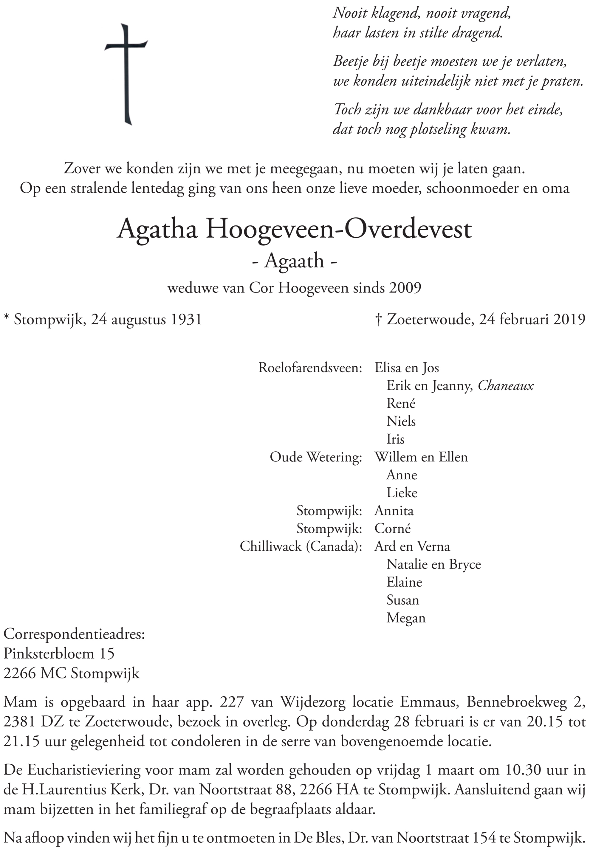Rouwbrief mevr. A. Hoogeveen- Overdevest | Stompwijk