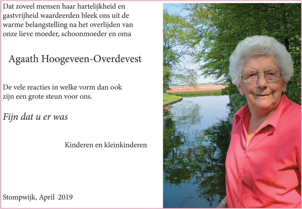 Dankbetuiging Agaath Hoogeveen- Overdevest | Stompwijk