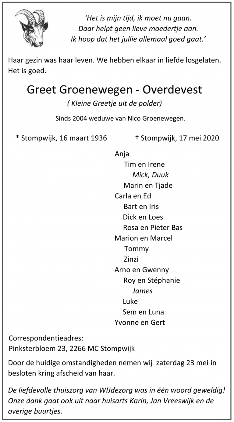 Rouwkaart Greet Groenewegen- Overdevest | Stompwijk