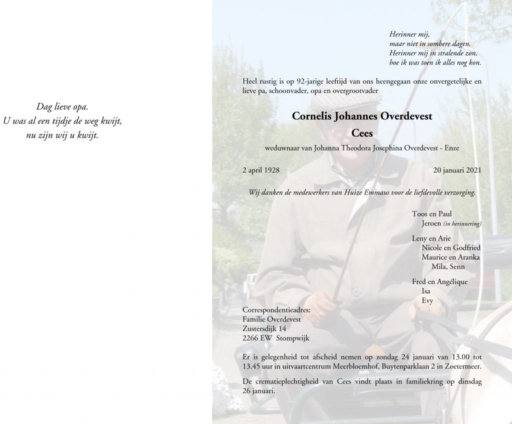 Rouwkaart C.J. Overdevest | Stompwijk