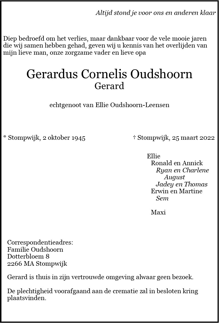 Rouwkaart Gerard Cornelis -Gerard- Oudshoorn | Stompwijk