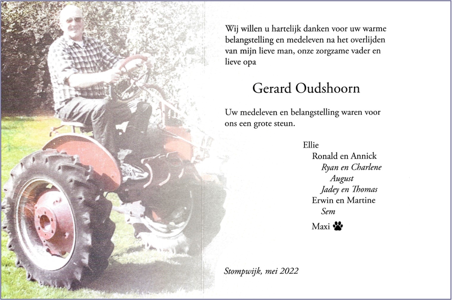 Dankbetuiging Gerard Oudshoorn | Stompwijk