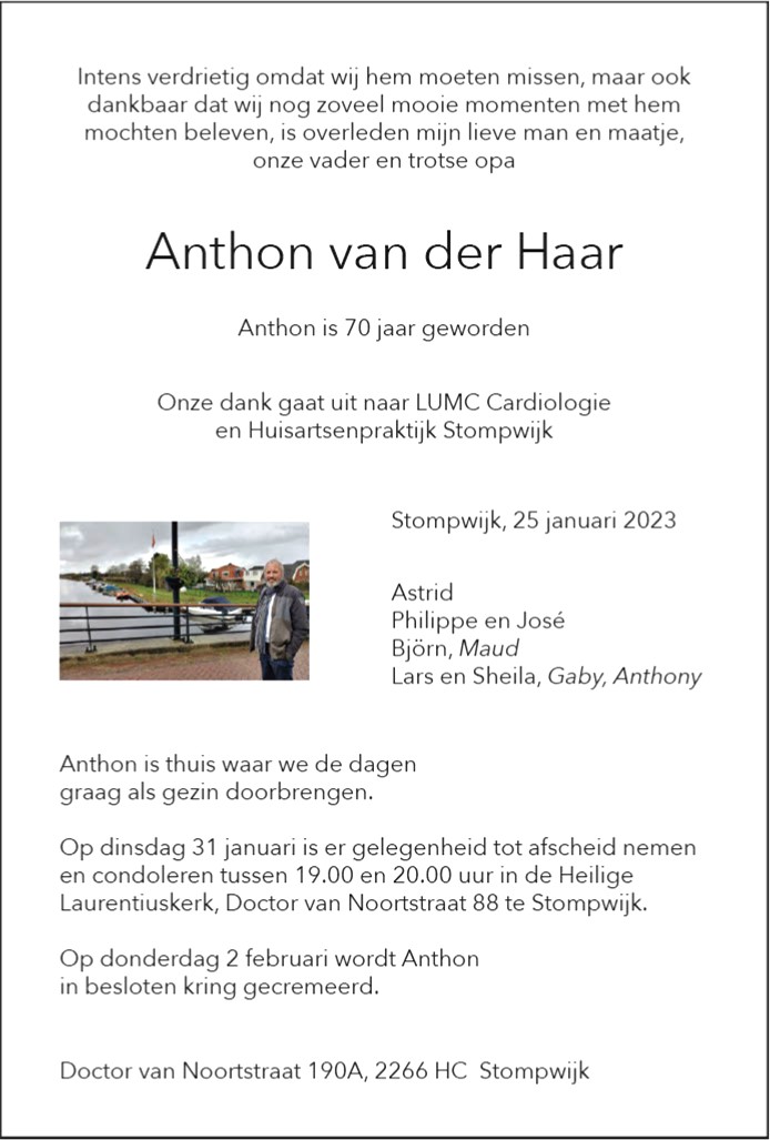 Rouwkaart Anthon van der Haar | Stompwijk