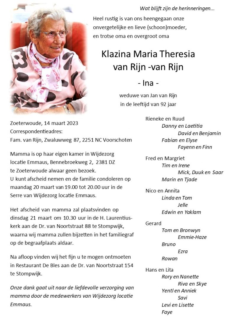 Overleden Ina van Rijn | Stompwijk