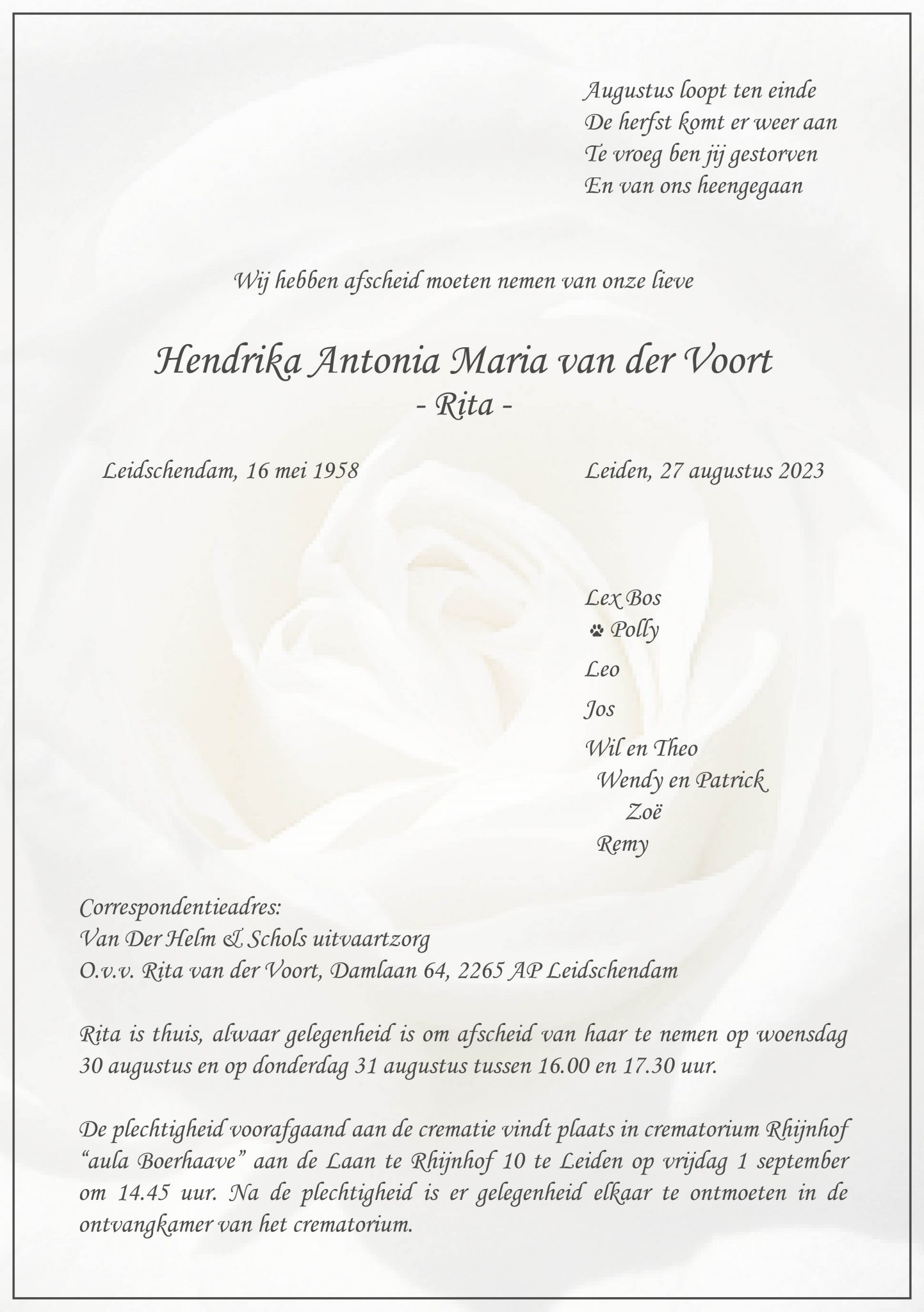 Rouwkaart Hendrika Antonia Maria – Rita – van der Voort | Stompwijk