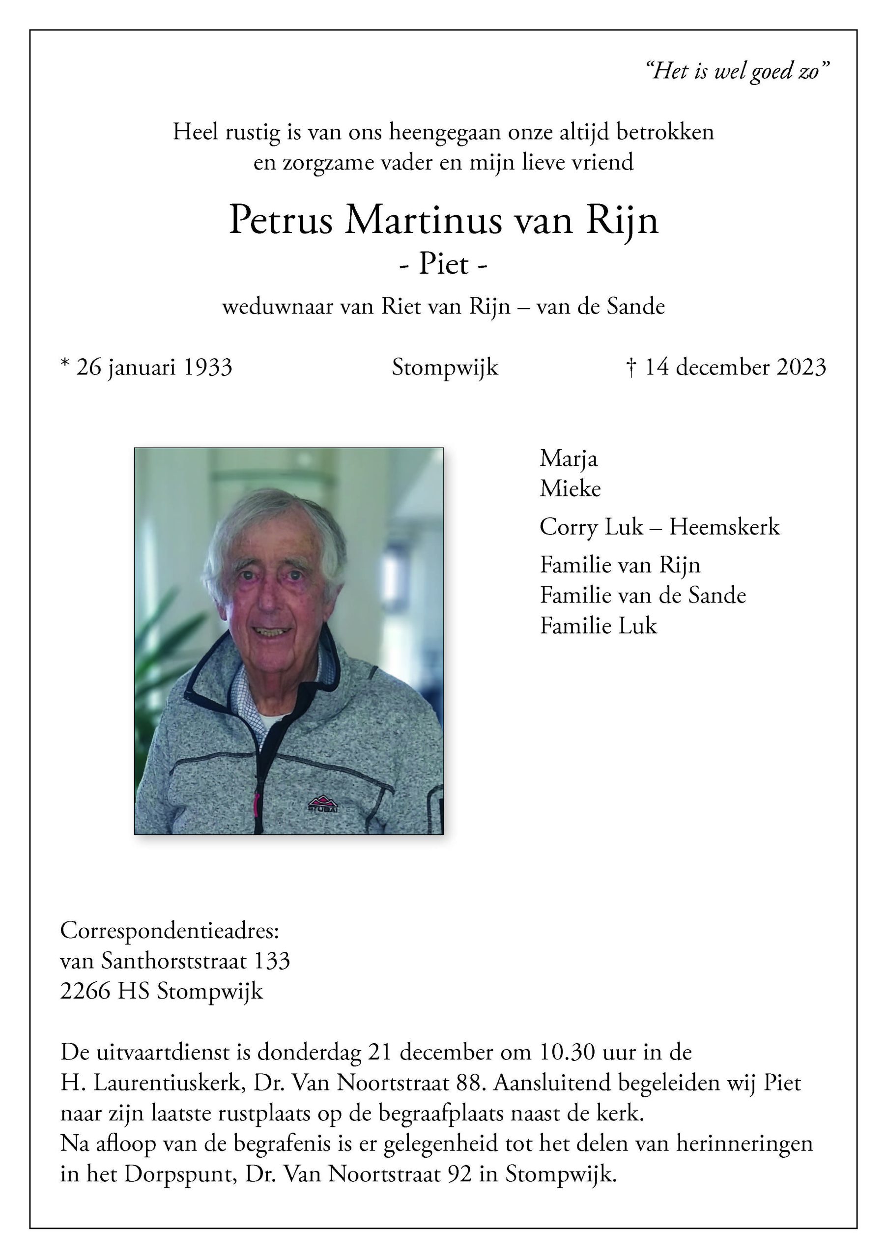 Rouwkaart Petrus, Martinus van Rijn – Piet – | Stompwijk
