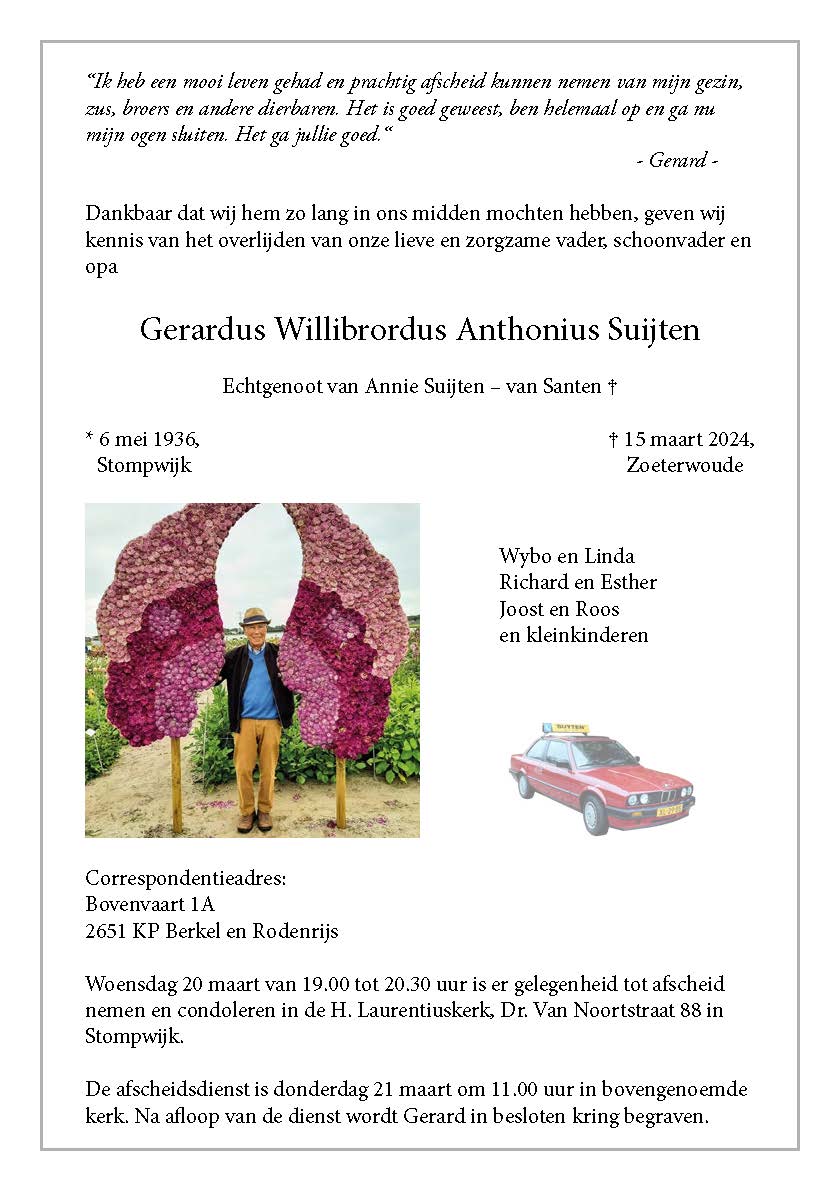 Rouwkaart Gerardus Willibrordus Anthonius Suijten – Gerard – | Stompwijk